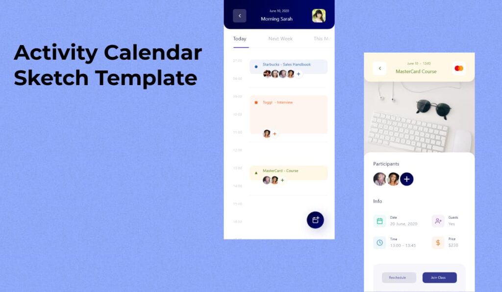 Sketch Activity Calendar Screen in Courses App Template - Free Figma ...