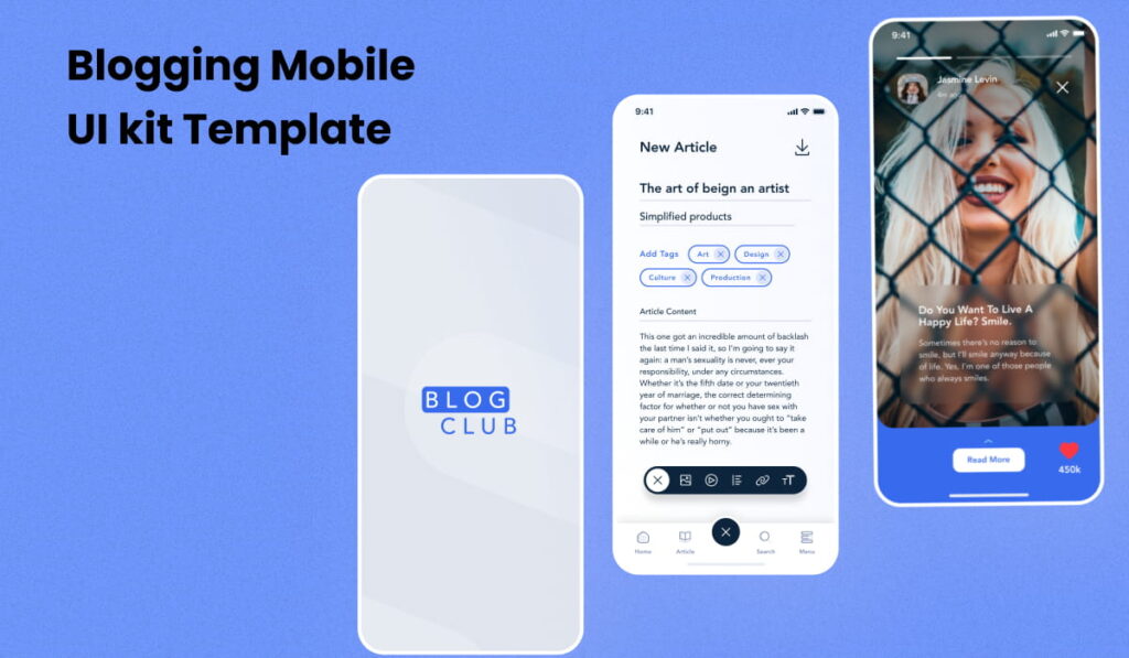Blogging Mobile UI kit Template For Figma - Free Figma, XD, Sketch UI ...
