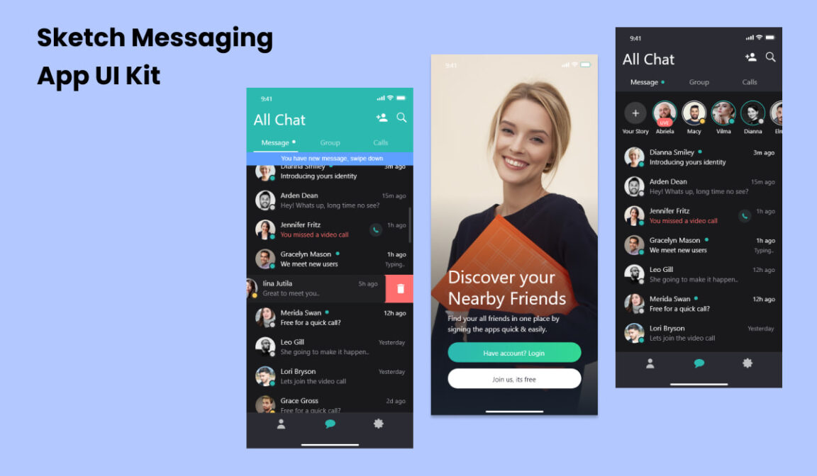 Free Demo Sketch Messaging App UI Kit - Free Figma, XD, Sketch UI ...